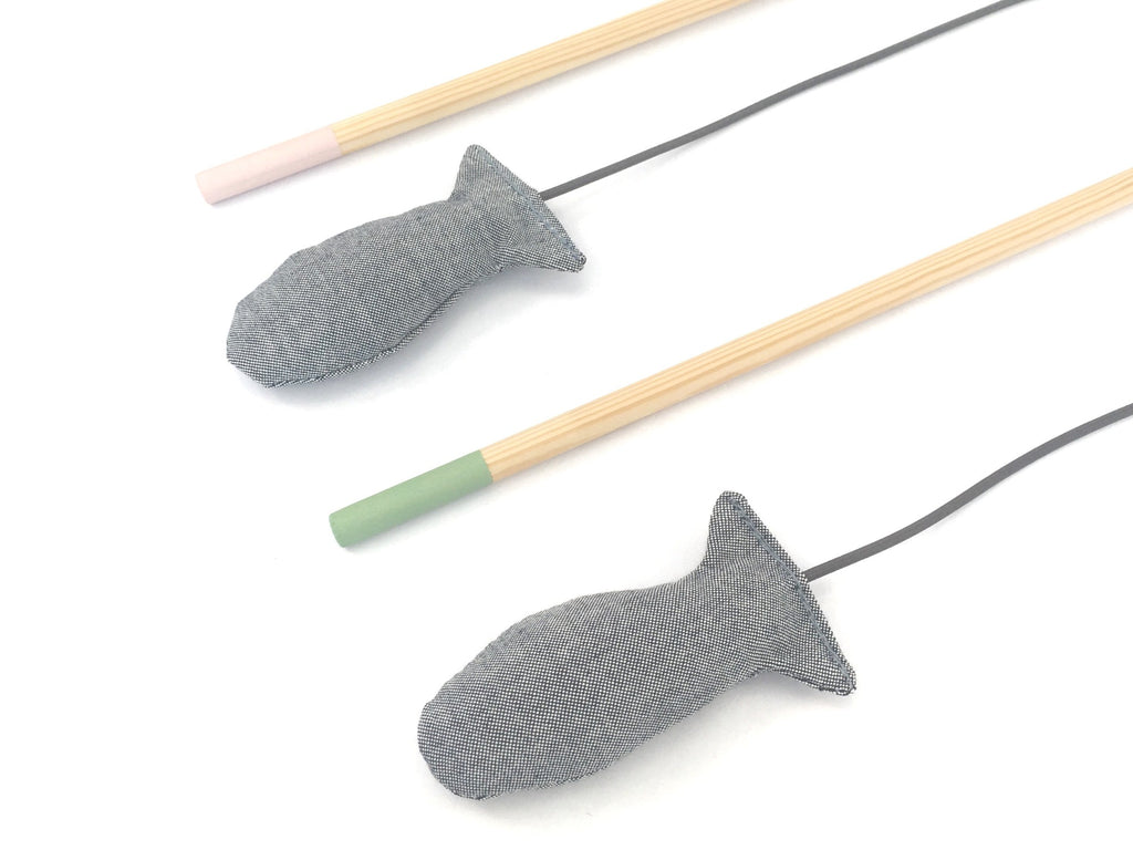Cat Teaser Wand Toy With Organic Cotton Blue Fish & Wooden Stick ...